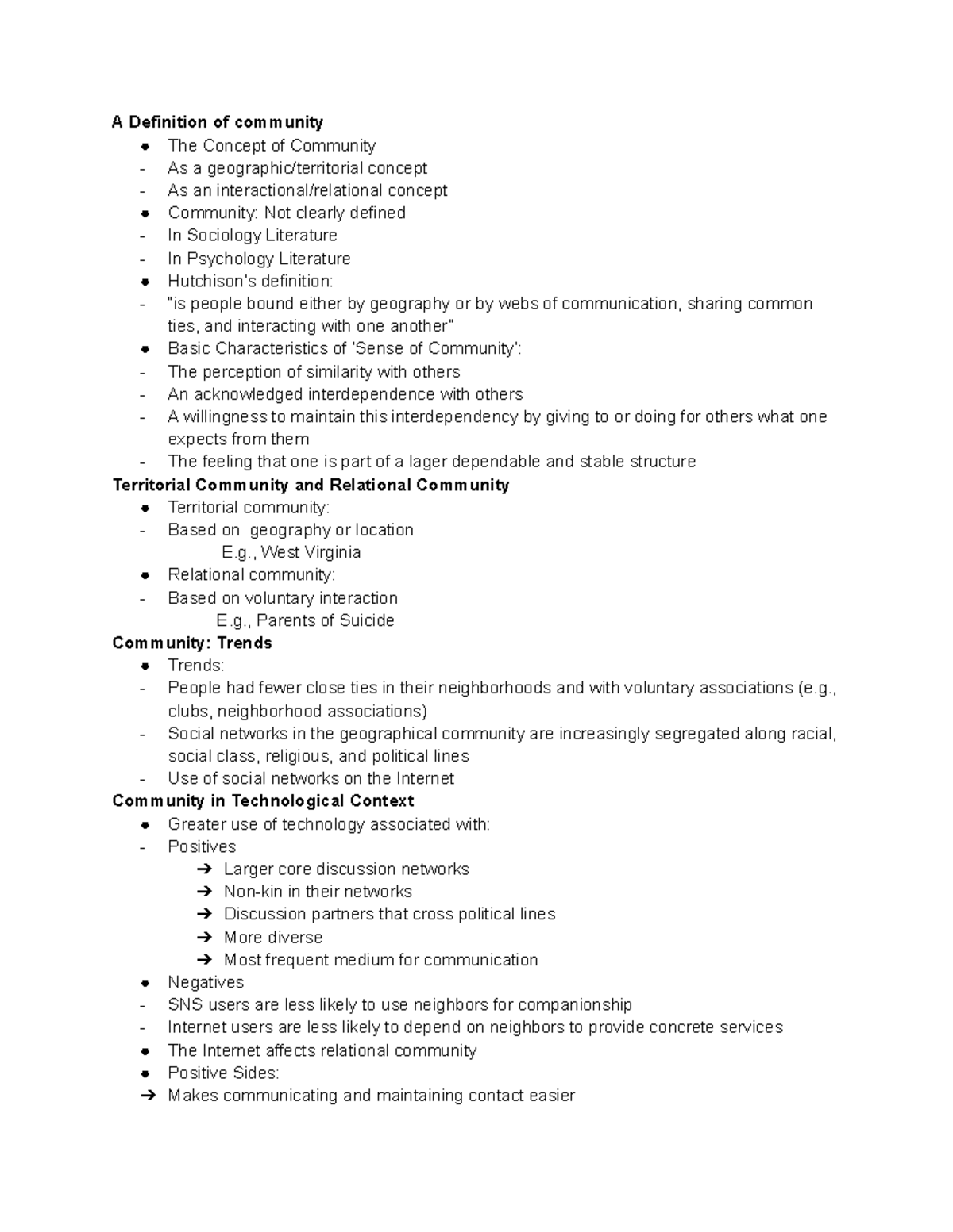 Review 9 - Lecture notes for quizzes - A Definition of community The ...