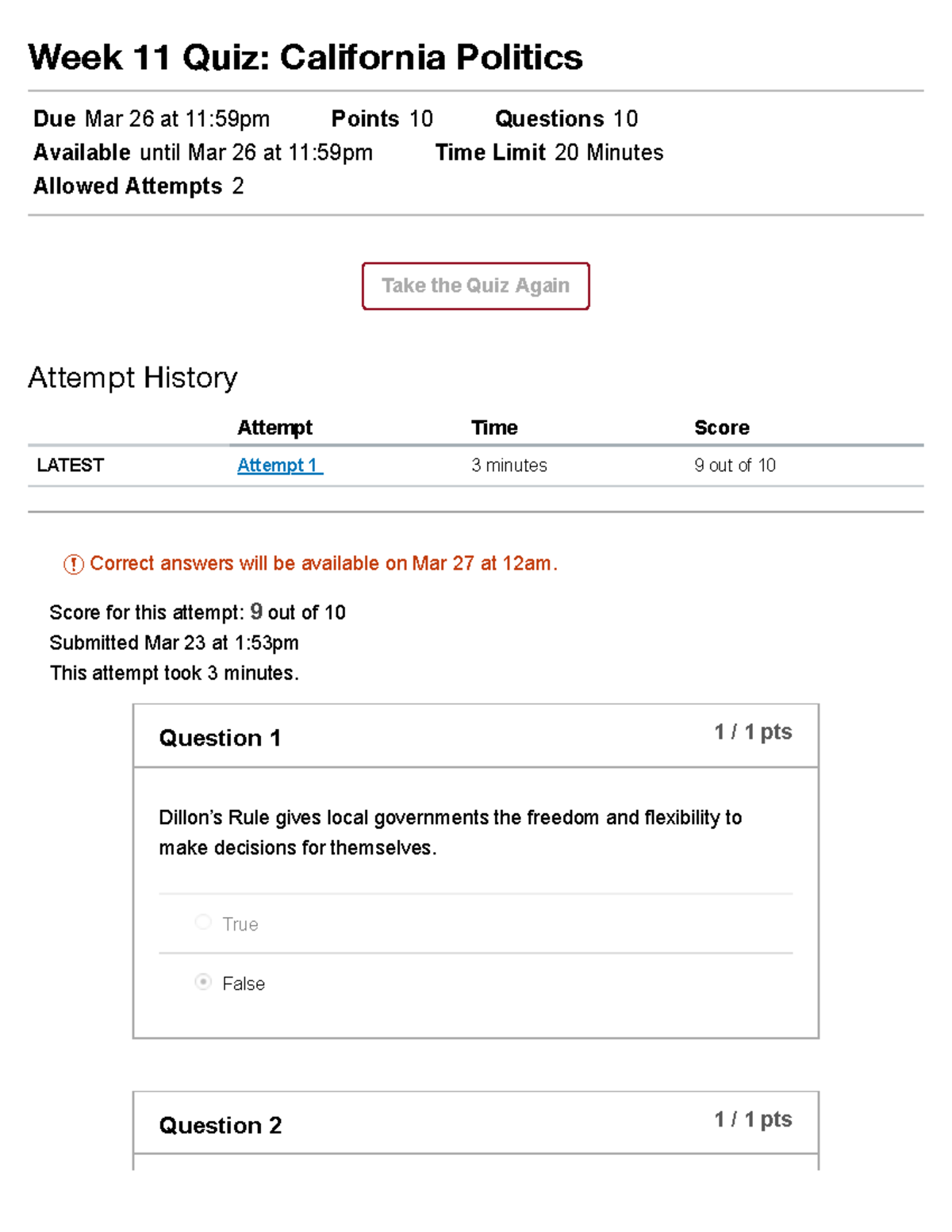 Week 11 Quiz 1st version - Week 11 Quiz: California Politics Due Mar 26 ...