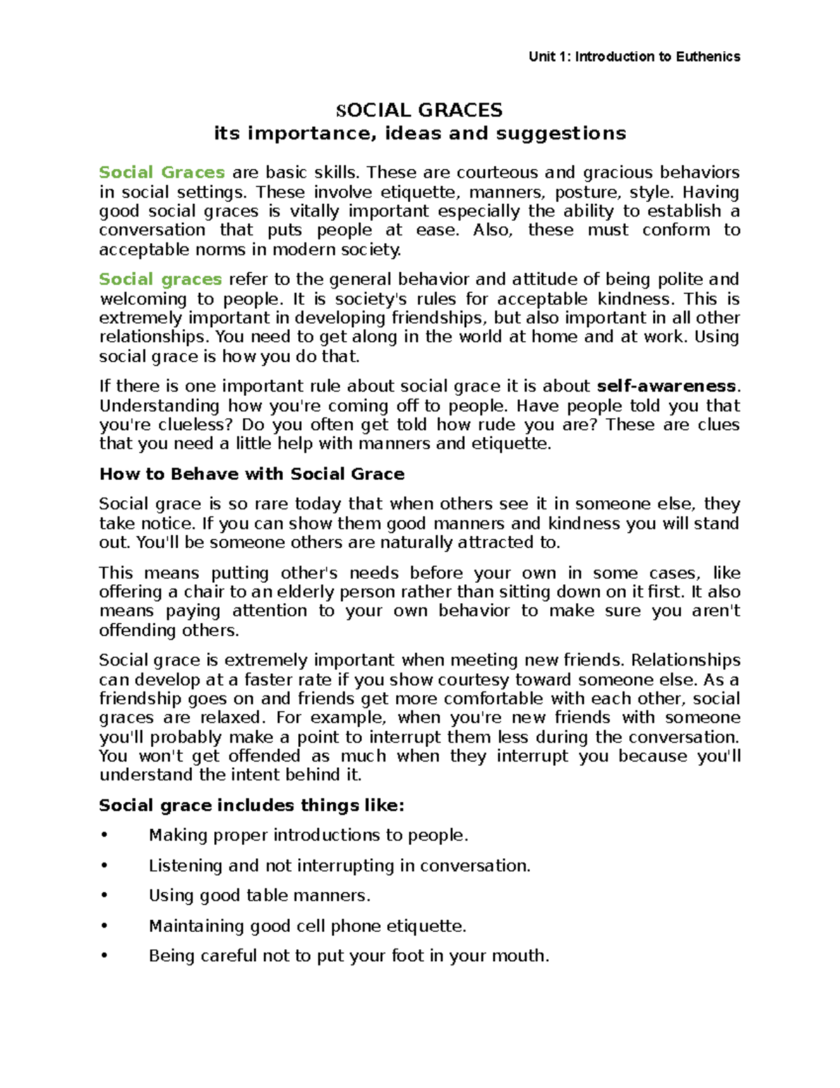 Euthenics Unit 1 Topics 1 3 - SOCIAL GRACES its importance, ideas and ...