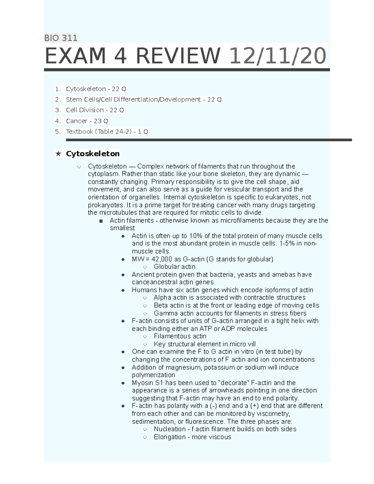 Bio 311 Exam 4 Review - 2018 exam 4 - BIO 311 EXAM 4 REVIEW 12/11 ...