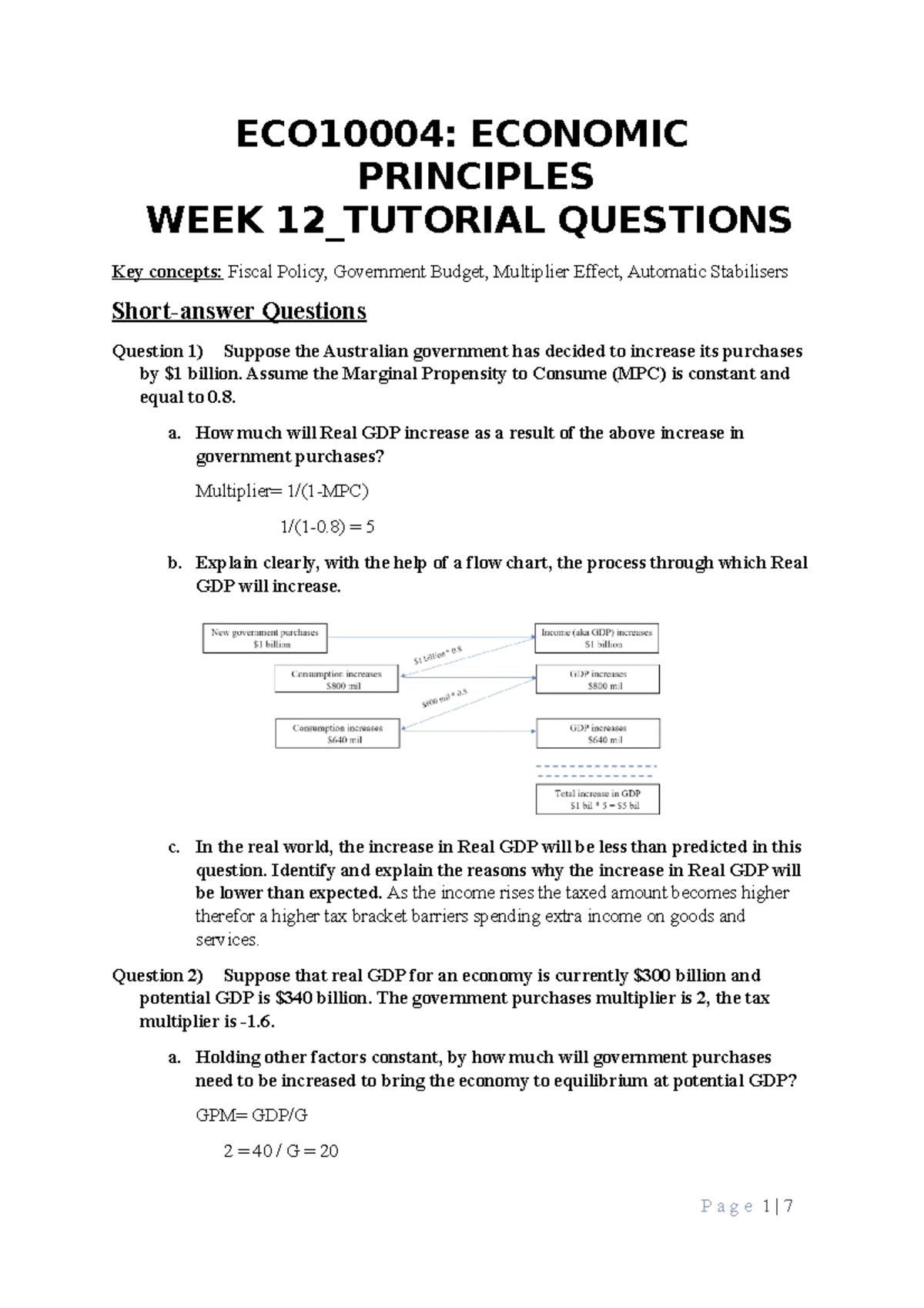 Week 12 Tutorial Questions - ECO10004: ECONOMIC PRINCIPLES WEEK 12 ...