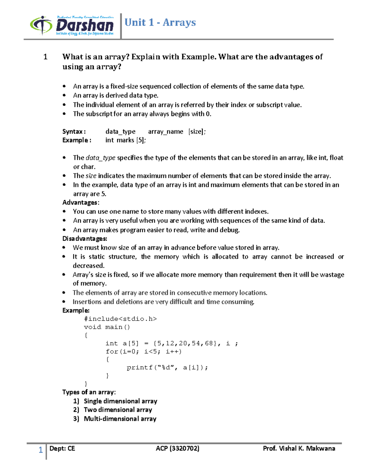 ACP Unit 1 ENG 2004 2018 091453 AM - 1 What is an array? Explain with ...