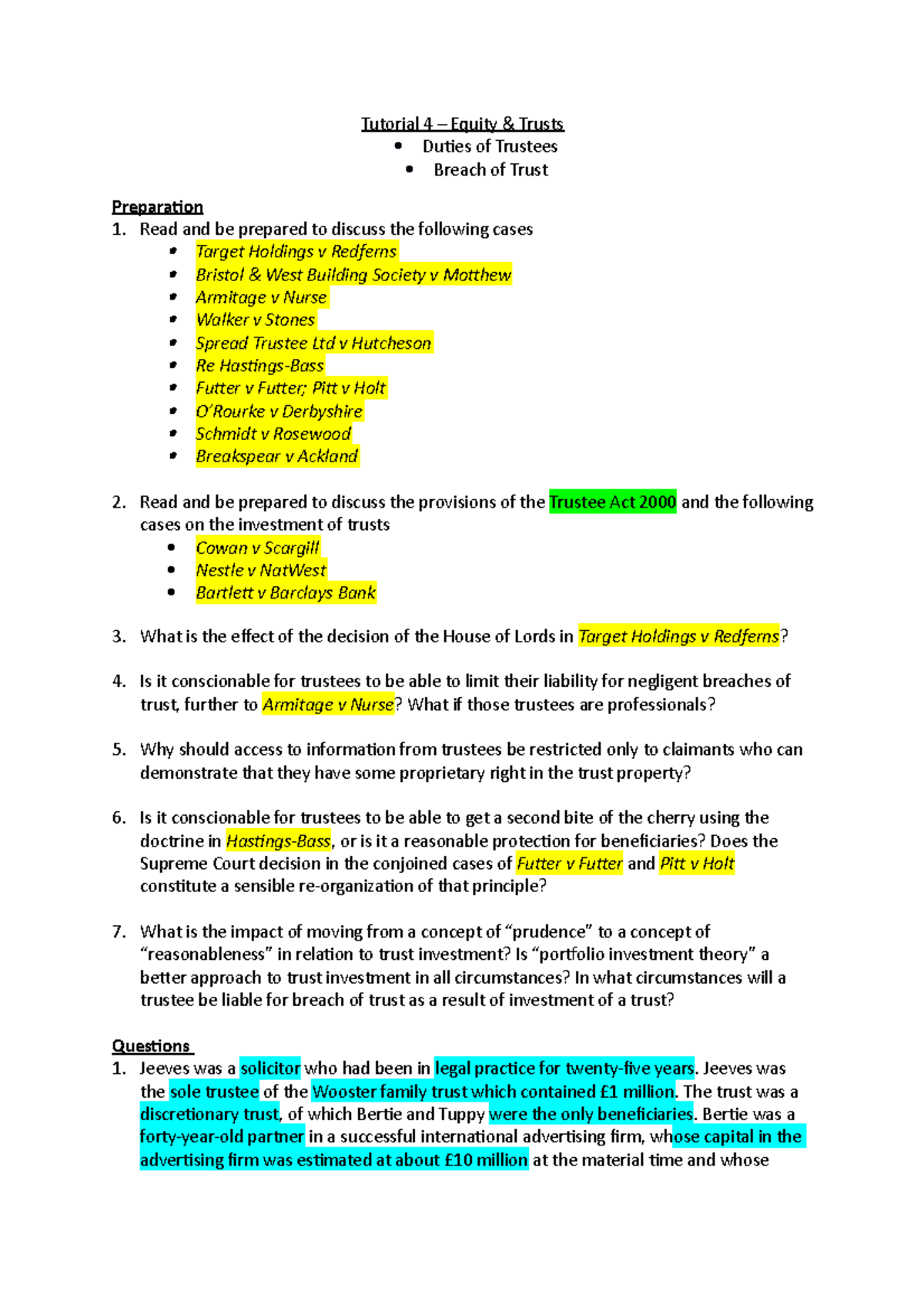 Tutorial 4 Activity - Tutorial 4 – Equity & Trusts Duties of Trustees ...