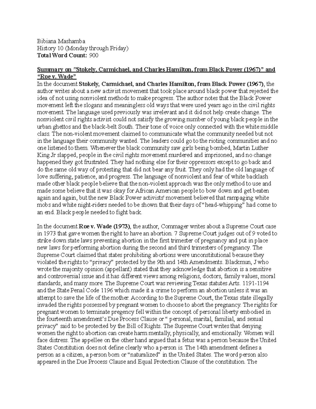 History 10 Reflection paper 6 Summary on ”Stokely, Carmichael, and ...