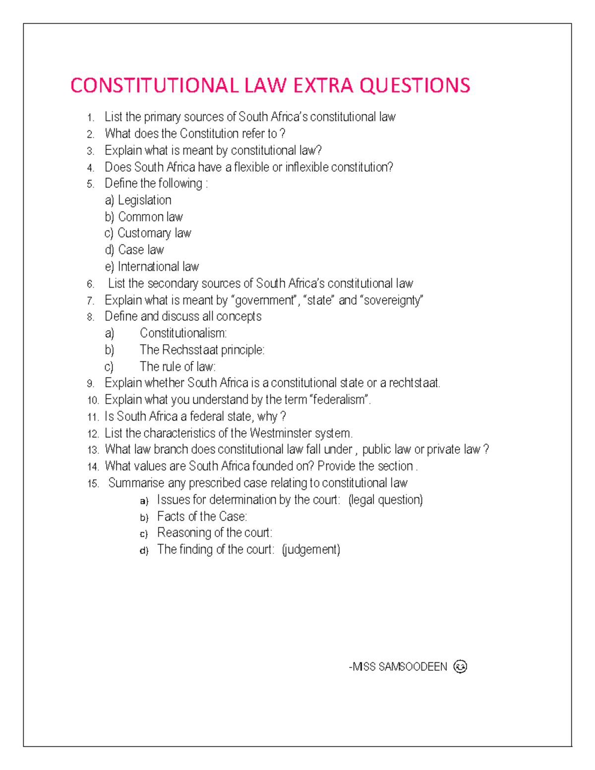 Constitutional LAW Extra Questions Chapter 1 & 3 - CONSTITUTIONAL LAW ...