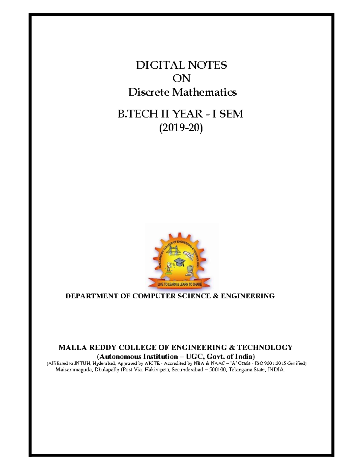 Discrete Mathematics Digital Notes - DIGITAL NOTES ON Discrete ...