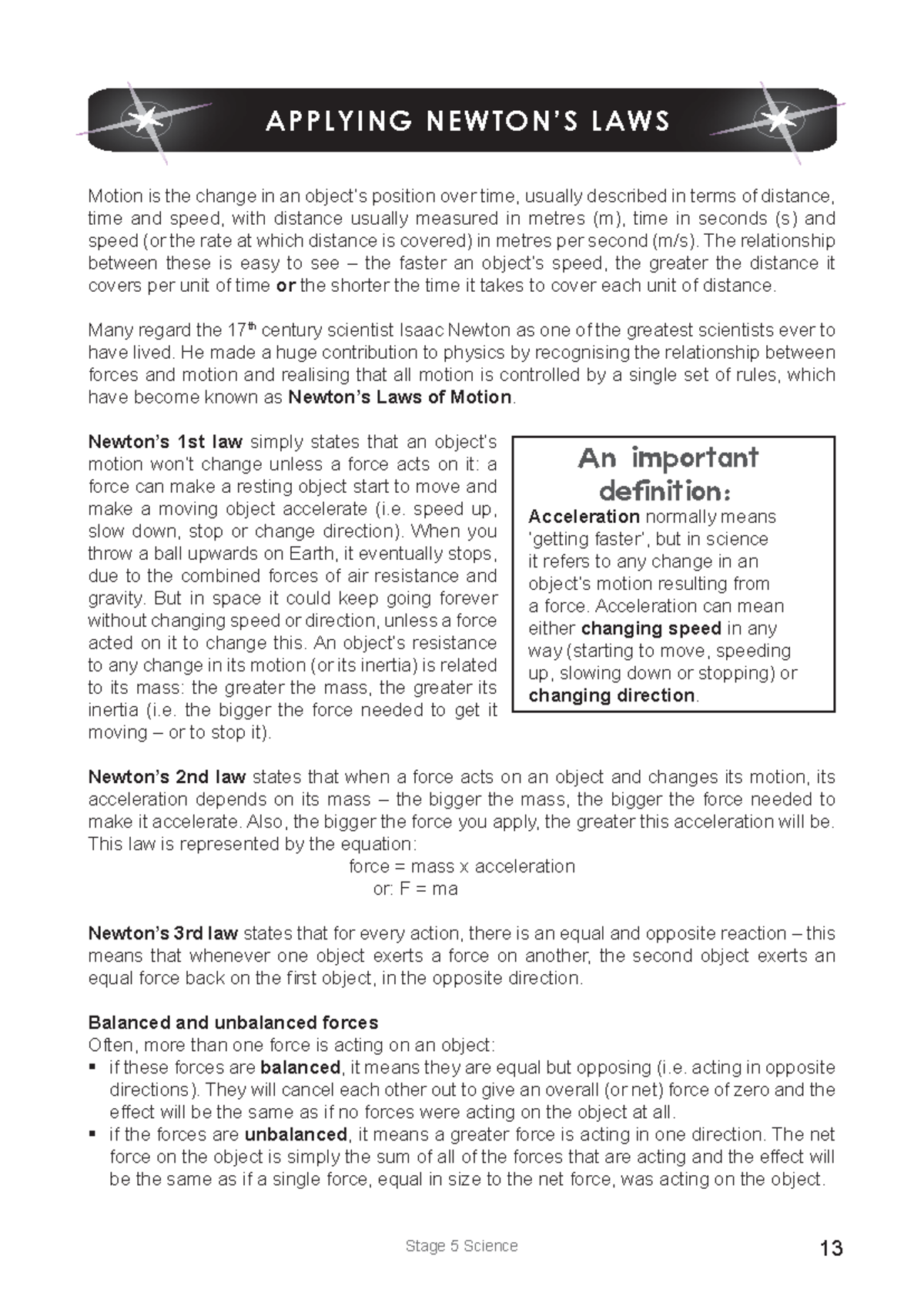 WS - Applying Newtons Laws - Stage 5 Science 13 Motion is the change in ...