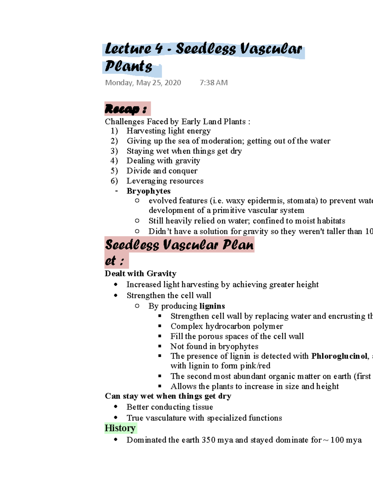 Lecture 4 - Seedless Vascular Plants - Biol 120 - UWaterloo - Studocu