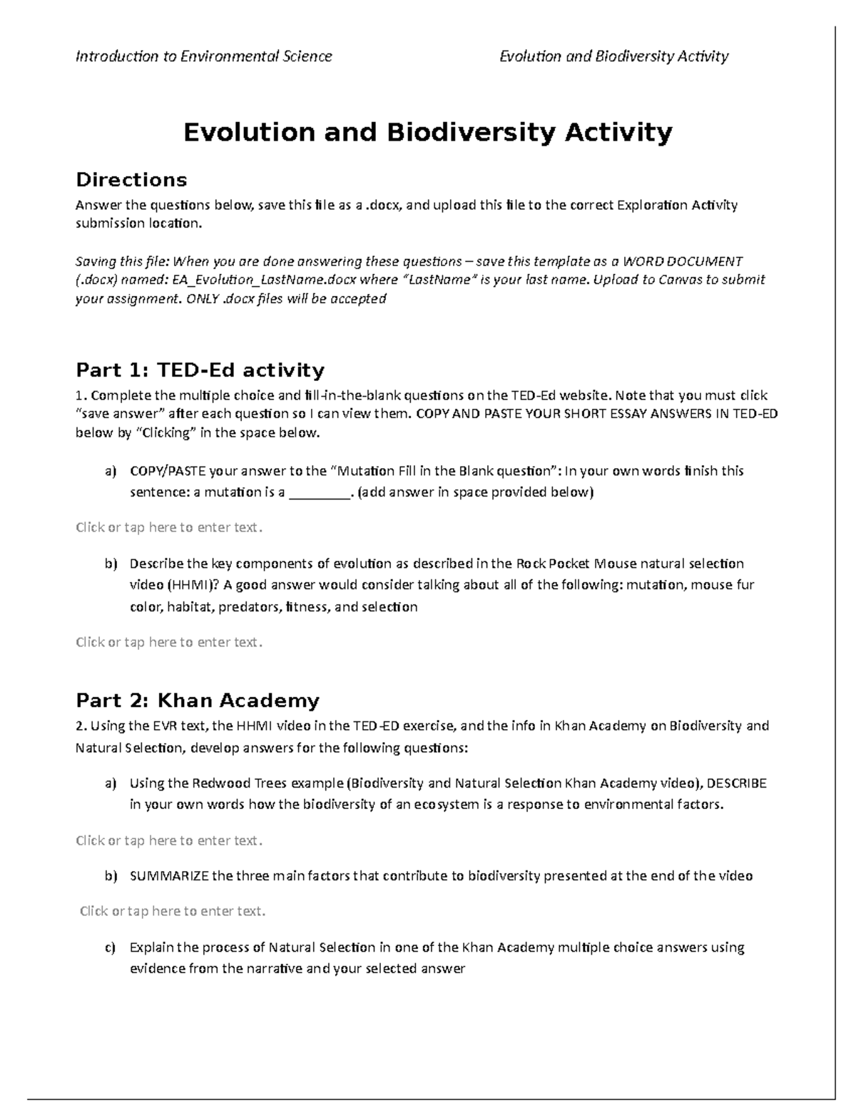 Ch 3 and 4 Evolution and Biodiversity Activity - Introduction to ...