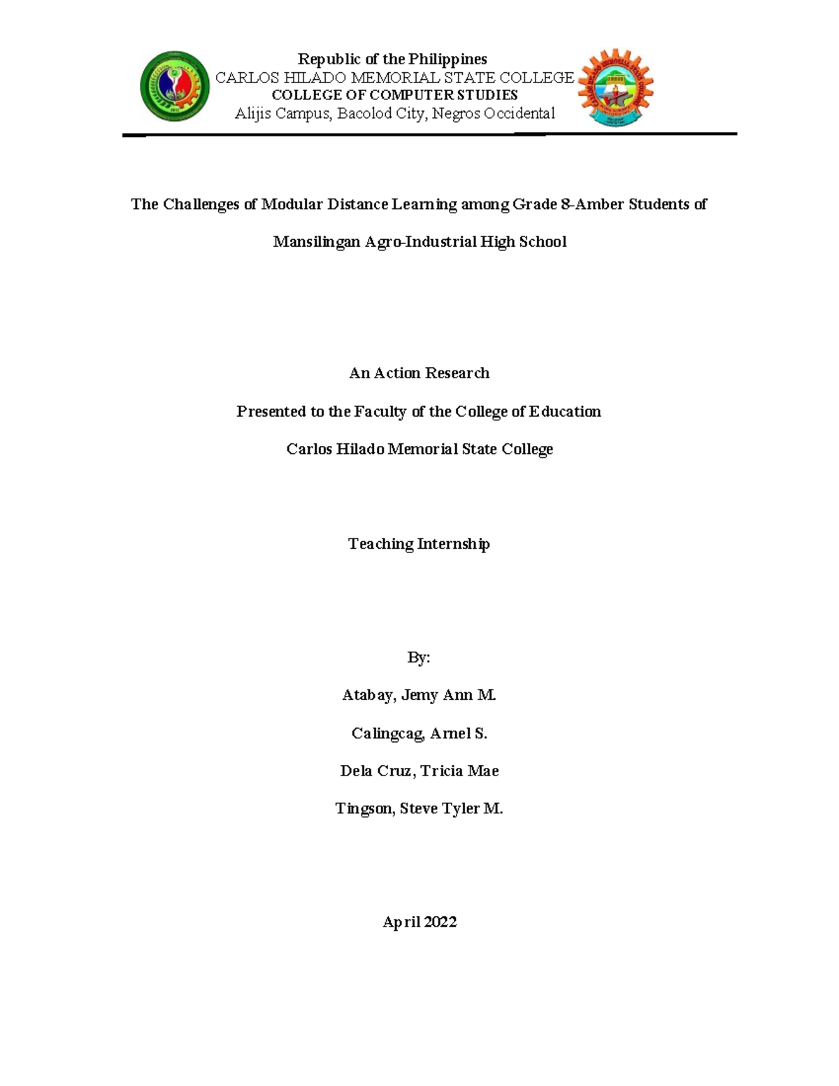 AR-FInal - Action research template - CARLOS HILADO MEMORIAL STATE ...