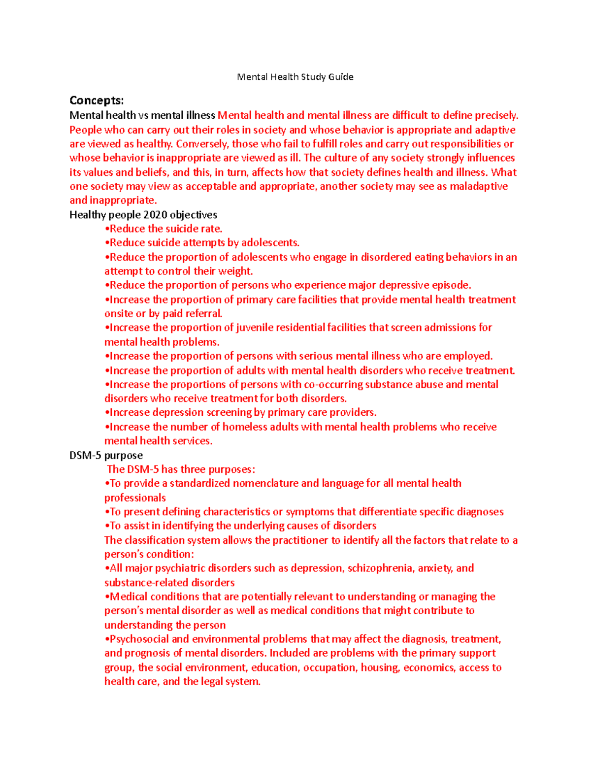 Mental Health Study Guide - Mental Health Study Guide Concepts: Mental ...