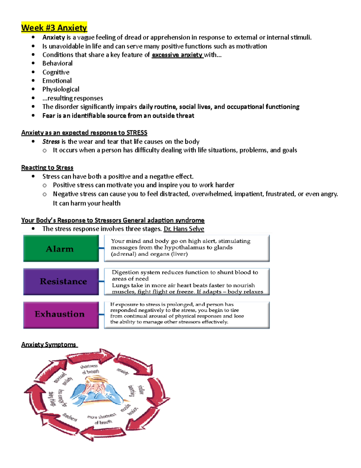 Week 3 Anxiety - Lecture notes 3 - Week #3 Anxiety Anxiety is a vague ...