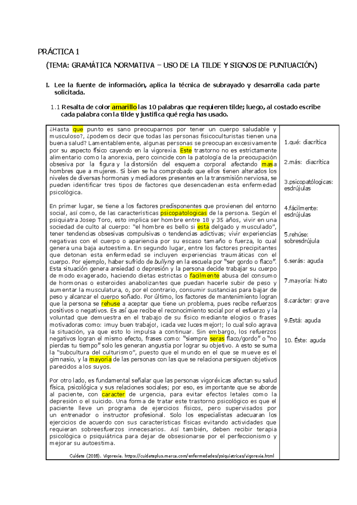 Unidad III, Practica 01, - PR¡CTICA 1 (TEMA: GRAM¡TICA NORMATIVA – USO DE LA TILDE Y SIGNOS DE ...