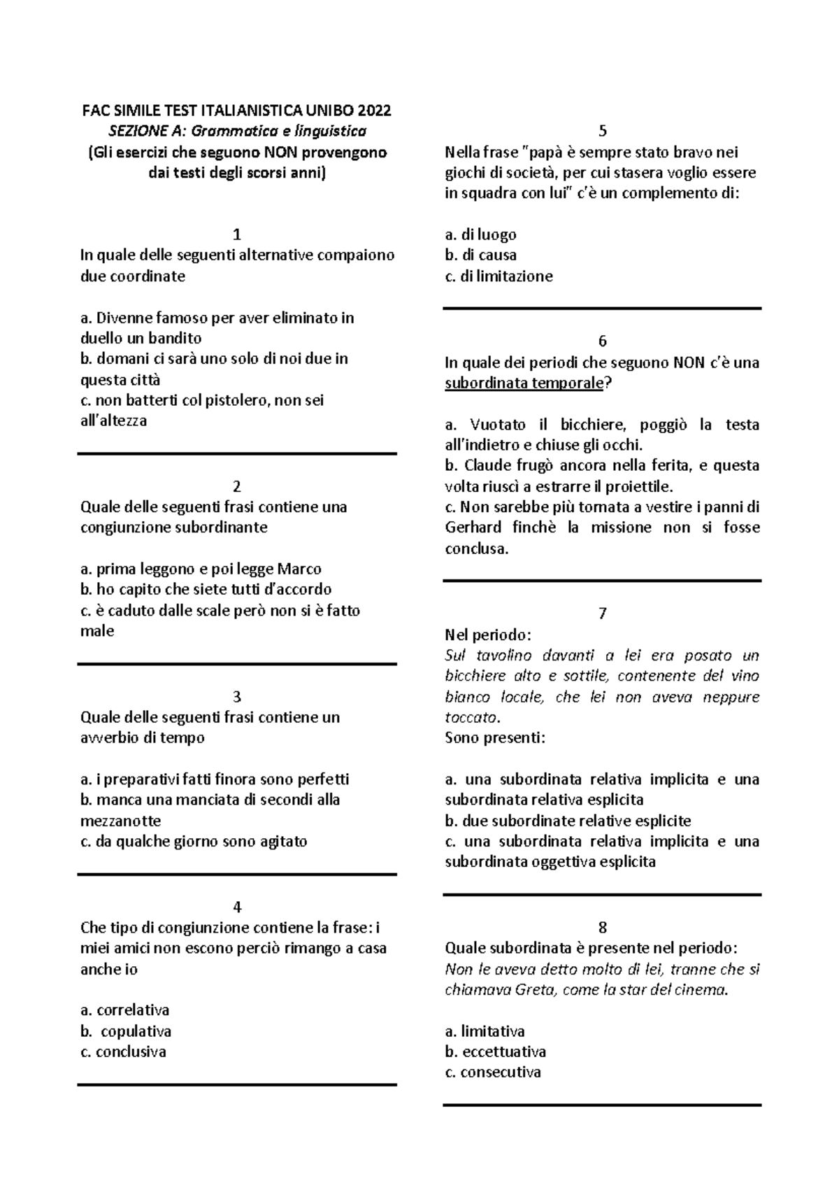 Fac simile test Italianistica 2022 Tutti gli argomenti - FAC SIMILE ...