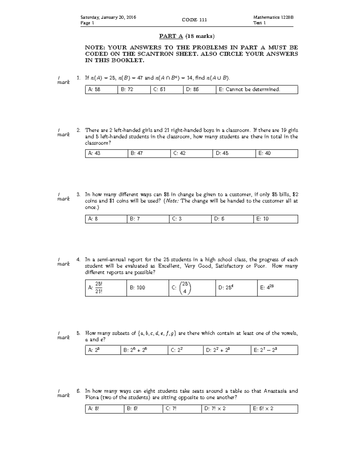 2016 Math 1228 test 1 test - Saturday, January 30, 2016 Page 1 CODE 111 ...