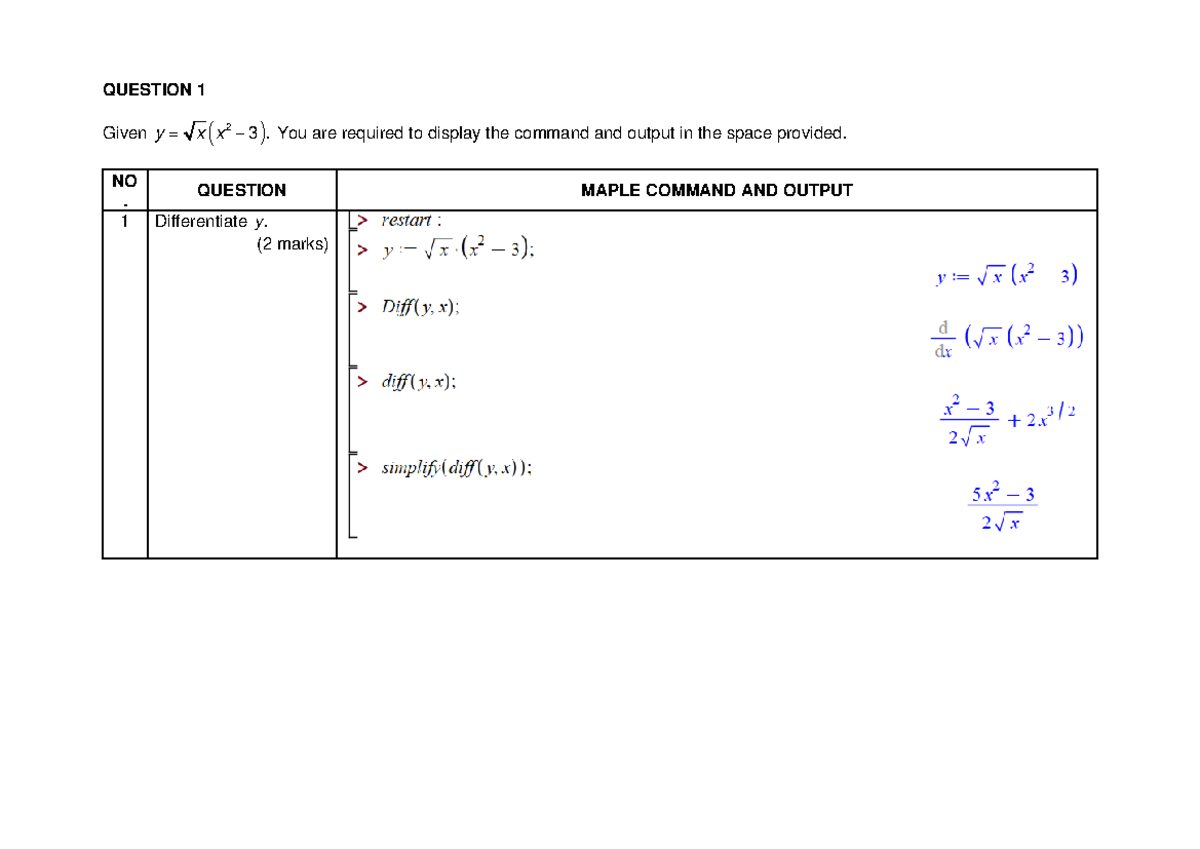 Practice Maple LAB Assignment - QUESTION 1 Given y = x ( x 2 −3 .) You are required to display ...