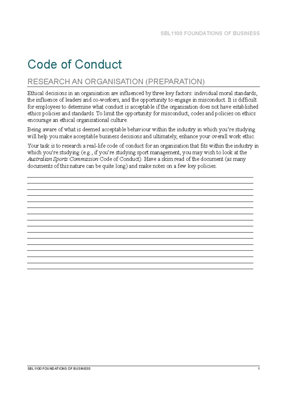 Code of conduct preparation - SBL1100 FOUNDATIONS OF BUSINESS Code of ...