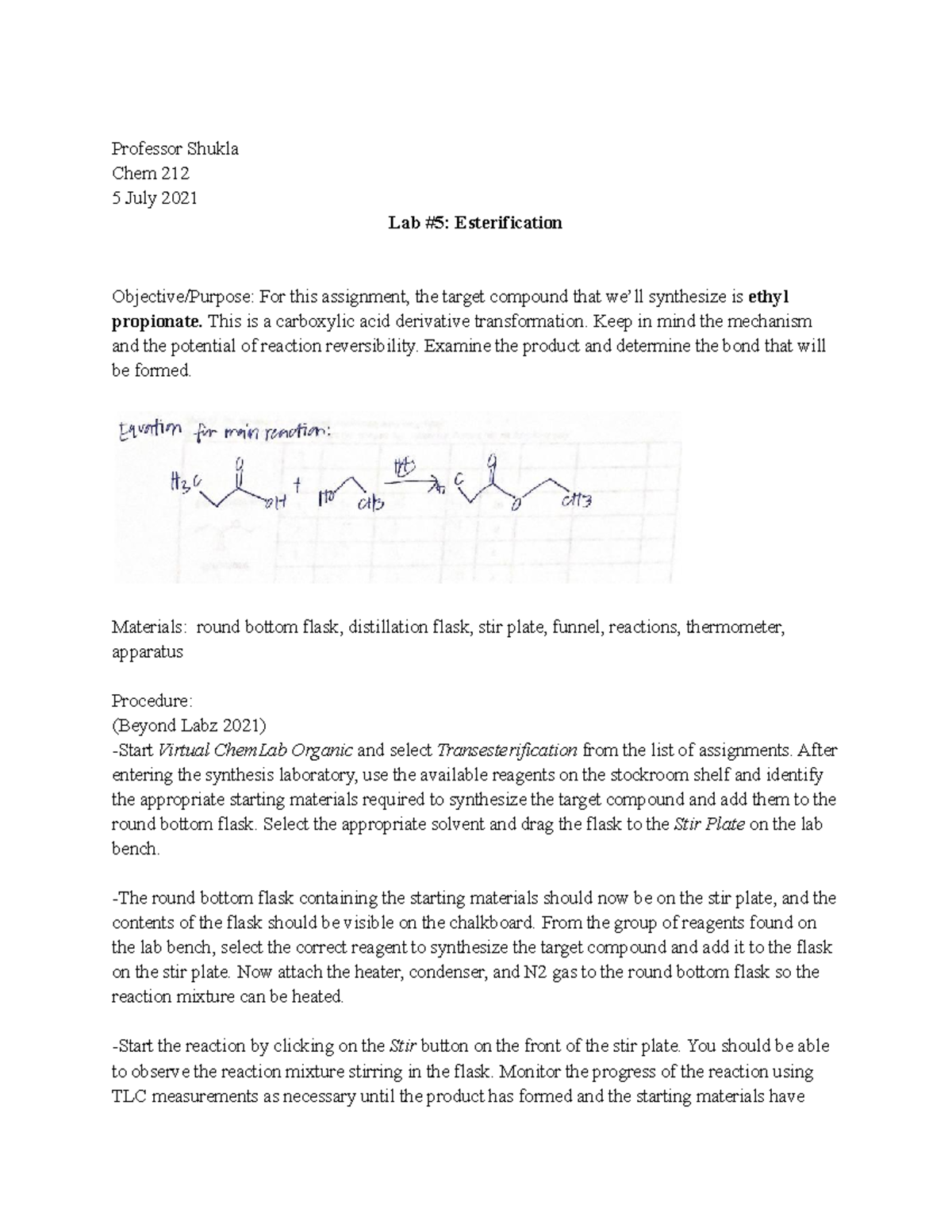 Chem 212 Lab #5 Esterification - Professor Shukla Chem 212 5 July 2021 ...