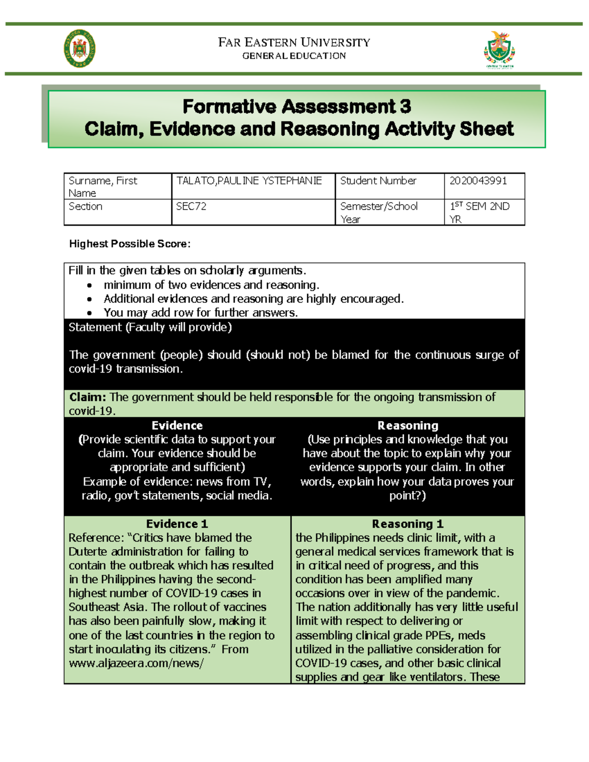 Claim, Evidence and Reasoning Activity Sheet - GENERAL EDUCATION ...