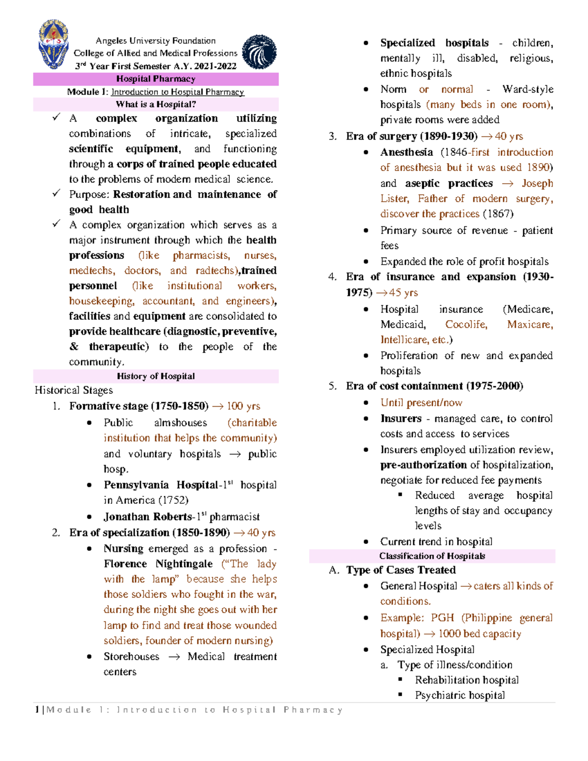 Module 1 Introdution to Hospital Pharmacy - Angeles University ...