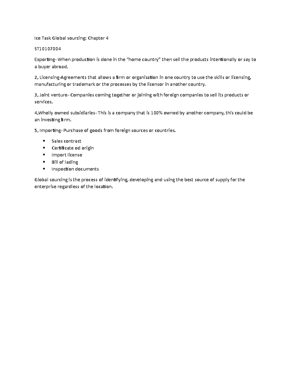 ICE task 1 - Ice task on logistics - Ice Task Global sourcing: Chapter ...