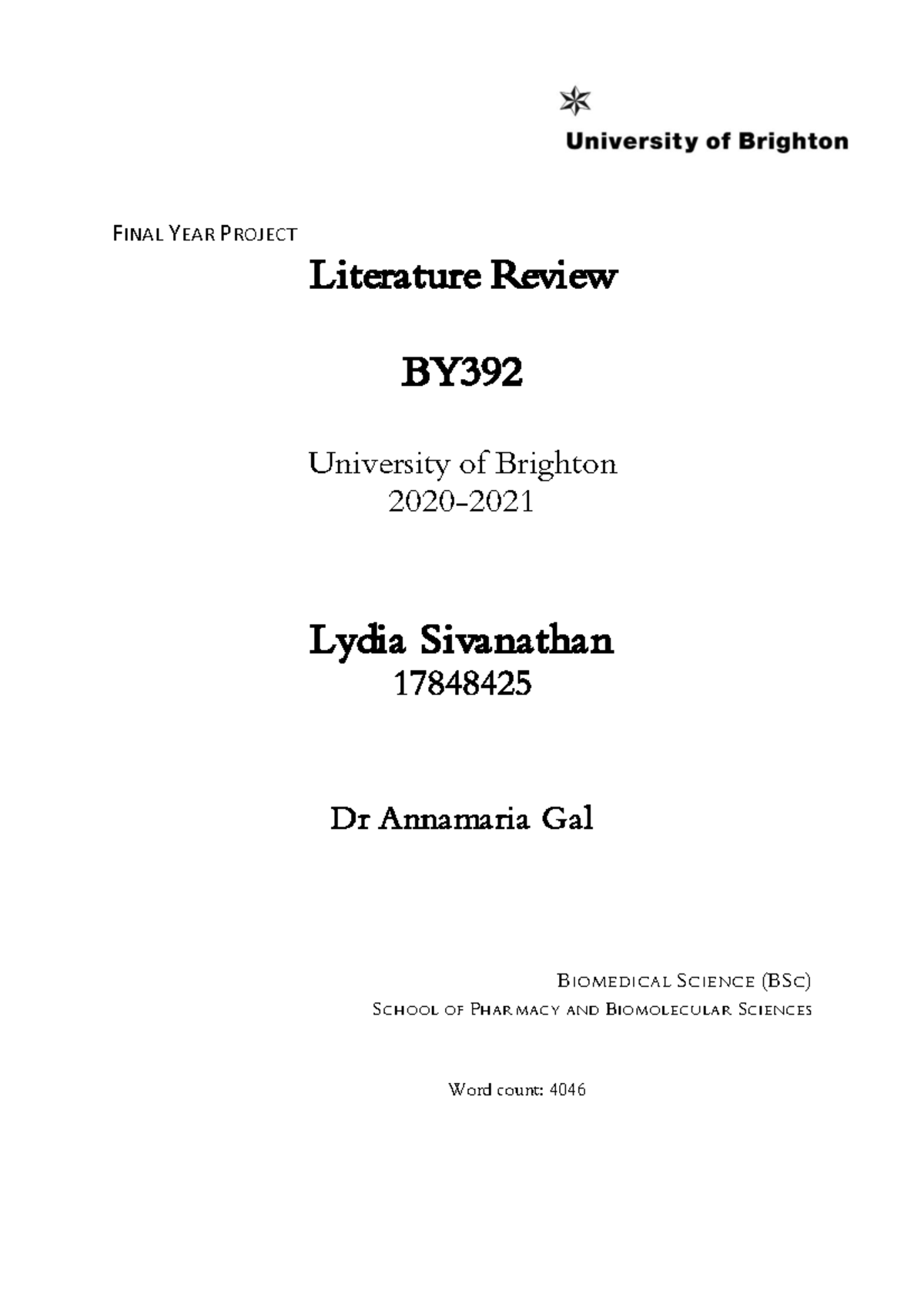 BY392 Lit Rev â Lydia Sivanathan â 17848425 - FINAL YEAR PROJECT ...
