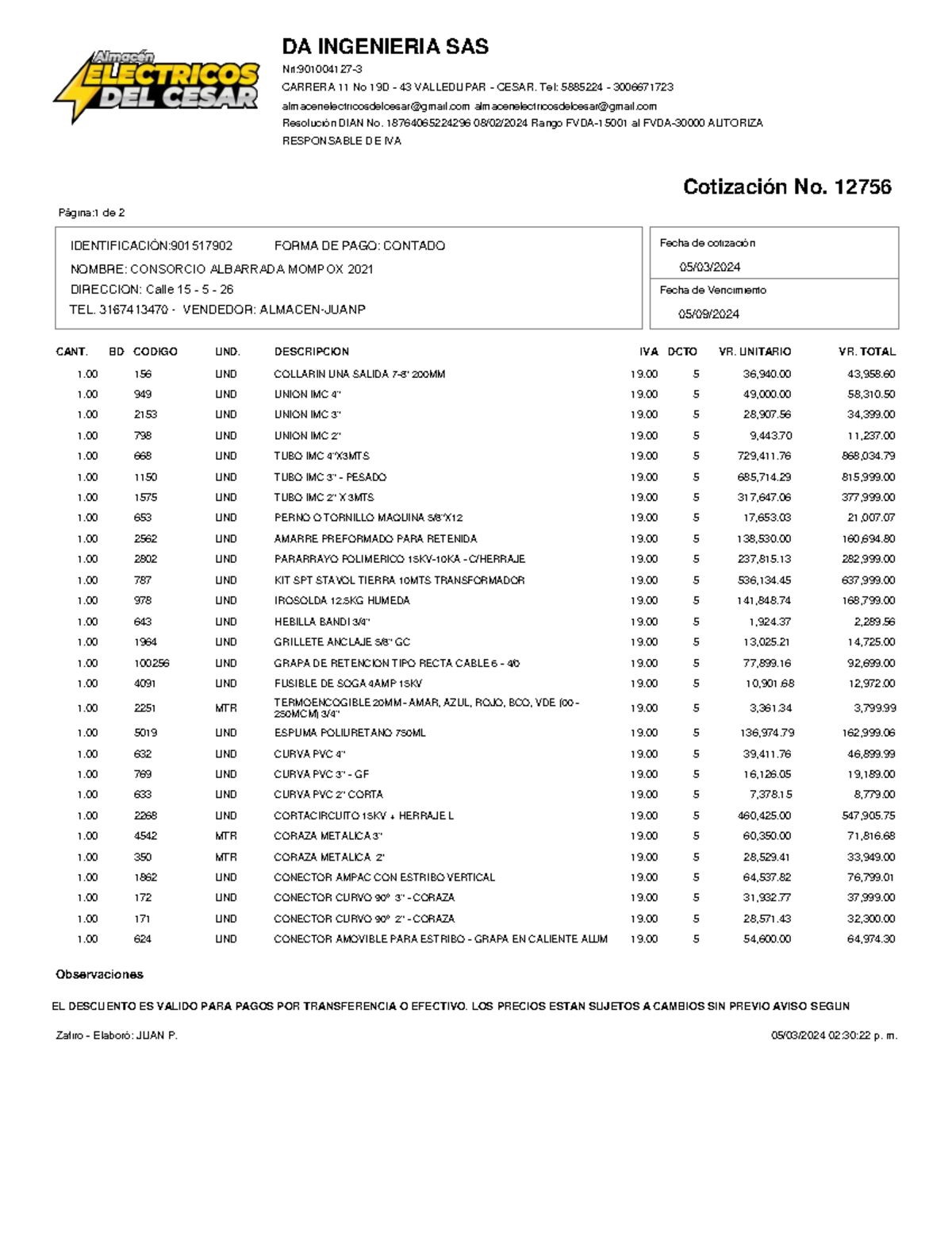 Cotización Electricos del Cesar - DA INGENIERIA SAS Nit:901004127- 3 CARRERA 11 No 19D - 43 ...