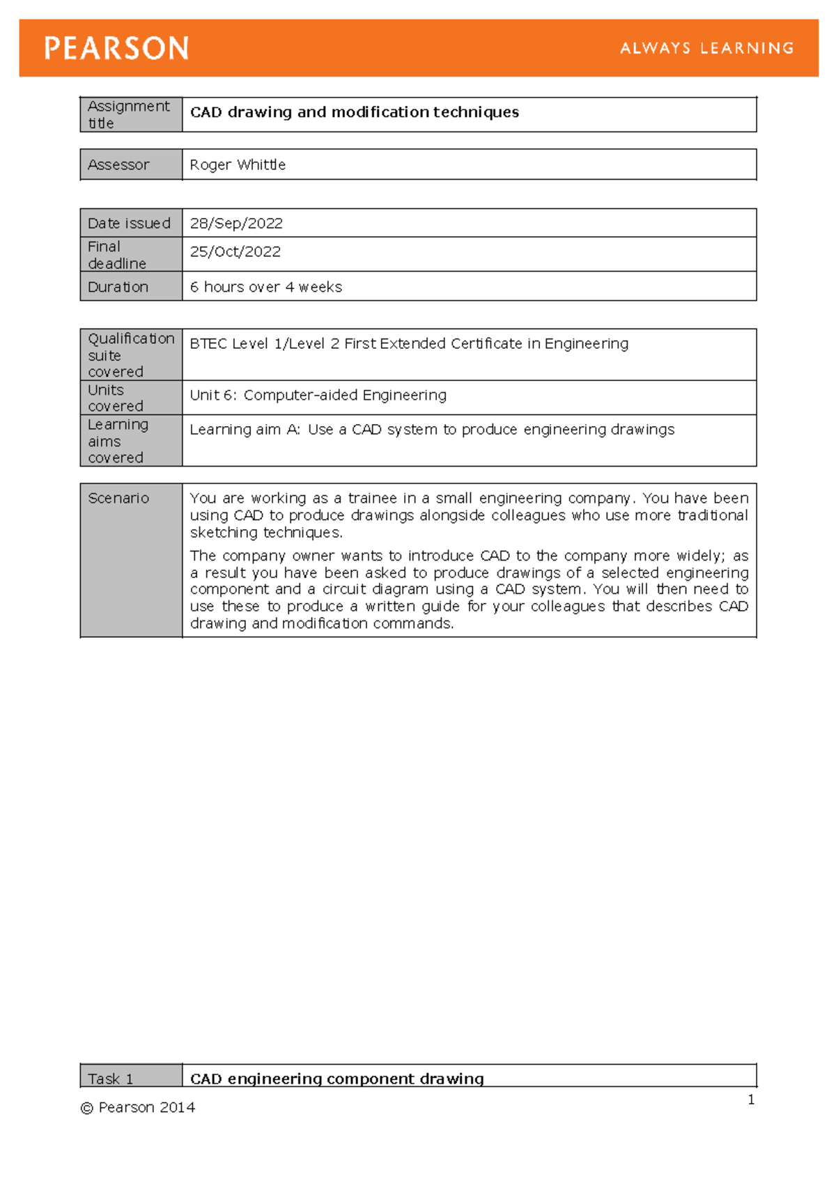 BTEC L2 Cad assignment 1 - Assignment title CAD drawing and ...