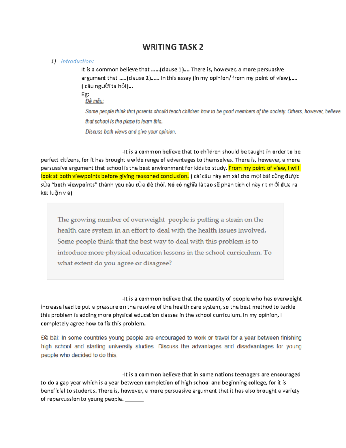 Writing-TASK-2 - nháp - WRITING TASK 2 Introduction: It is a common ...