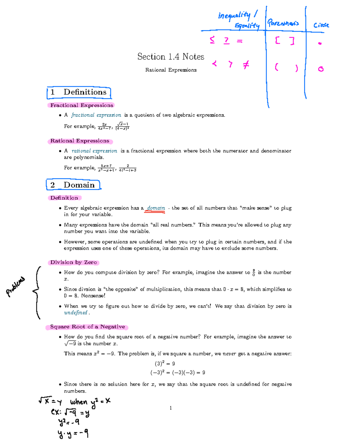 Rational Expressions - Math 126 Notes with Professor Yo - Section 1 ...