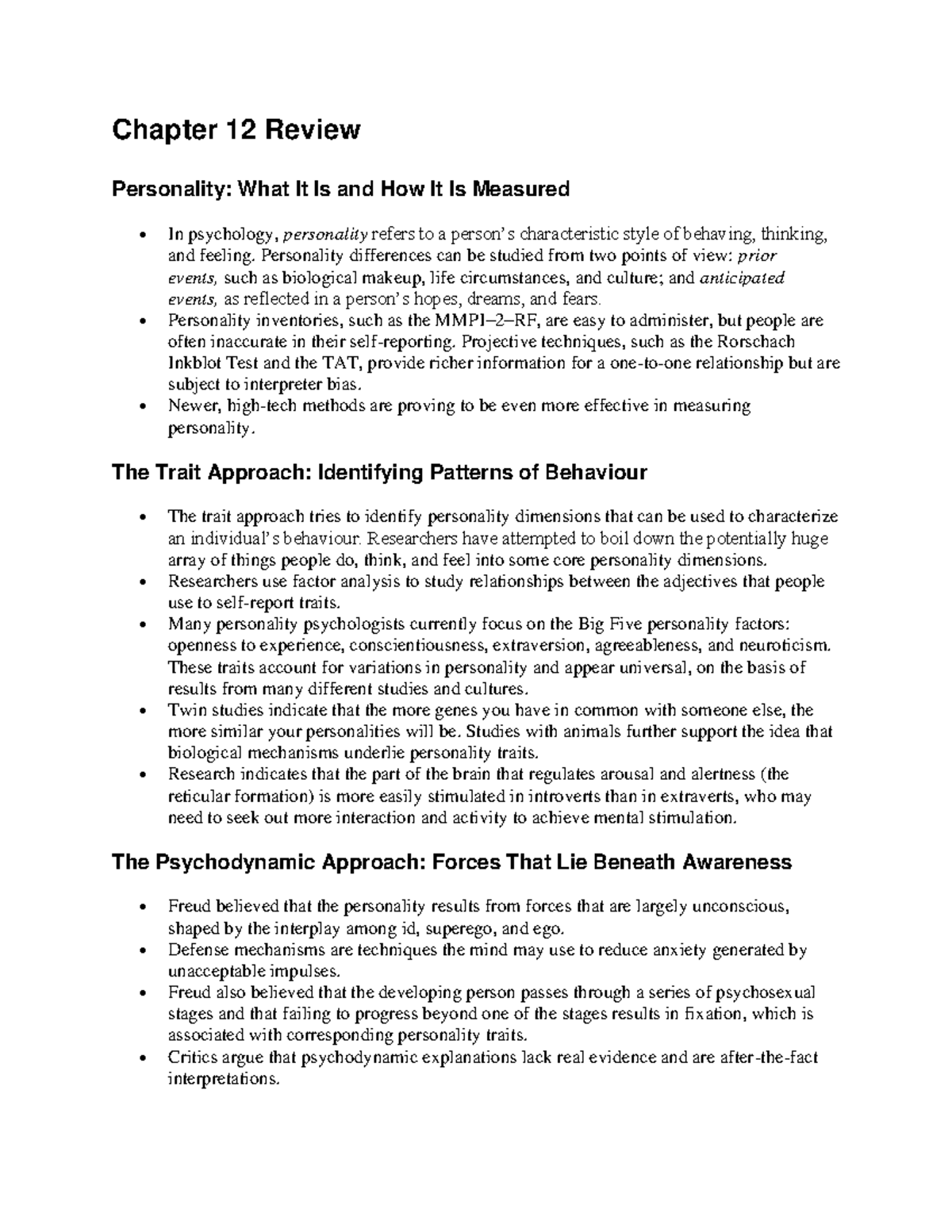 Chapter 12 Review - Chapter 12 Review Personality: What It Is and How It Is Measured In ...