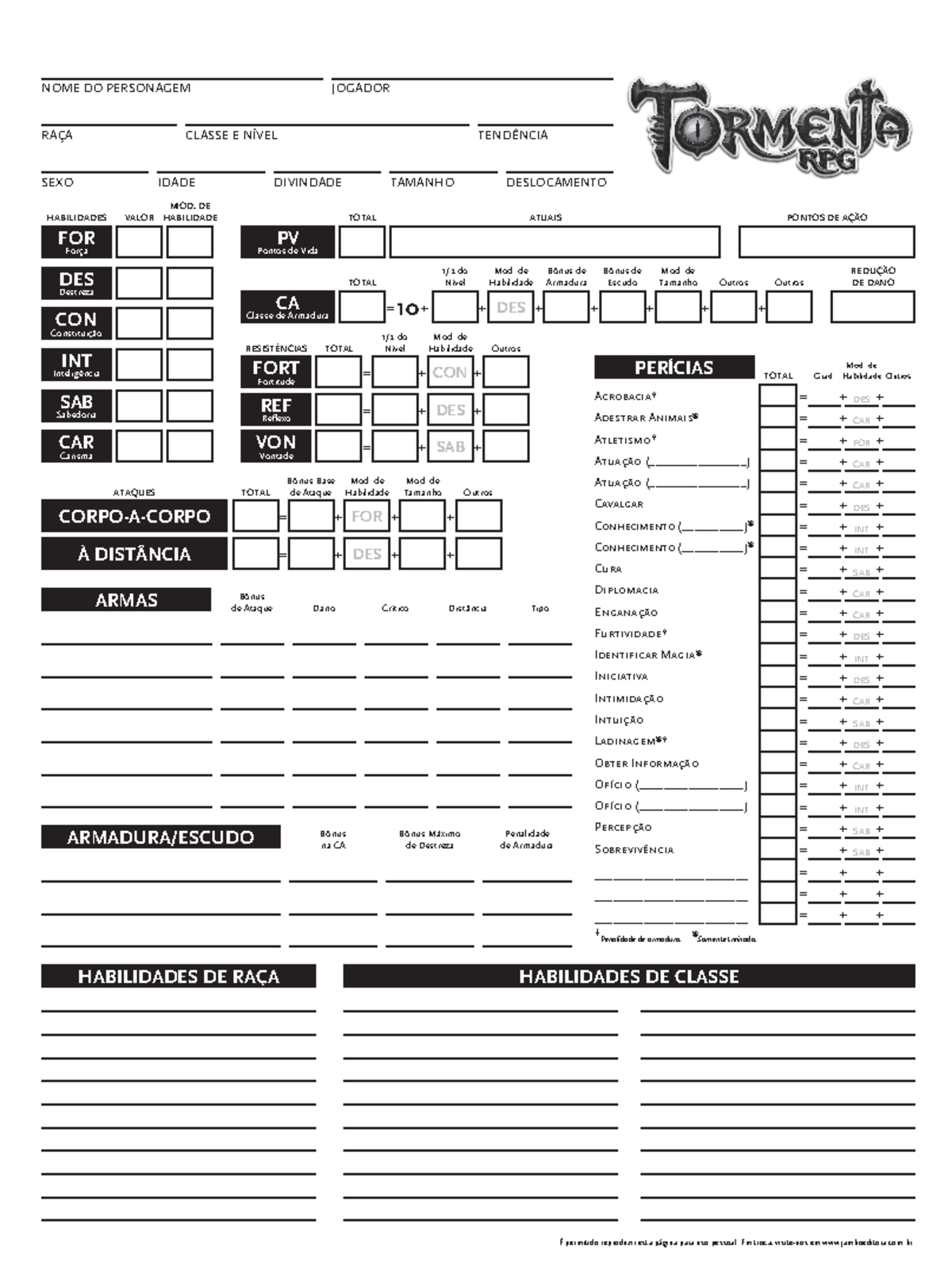 Tormenta rpg ficha de personagem biblioteca elfica - NOME DO PERSONAGEM ...