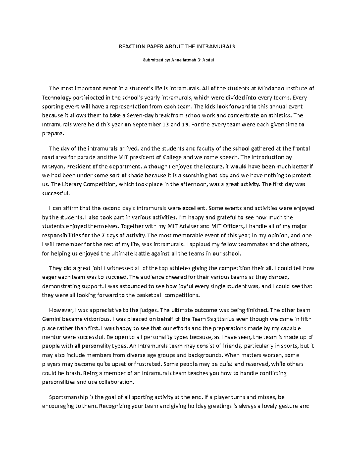 Reaction Paper- fatmahhh - REACTION PAPER ABOUT THE INTRAMURALS ...