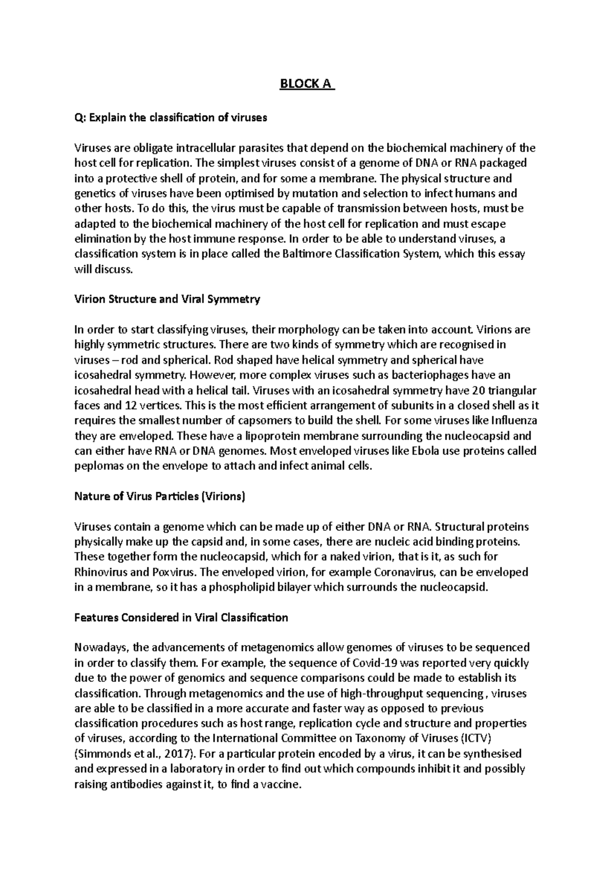 Block A - Classification of Viruses - BLOCK A Q: Explain the ...