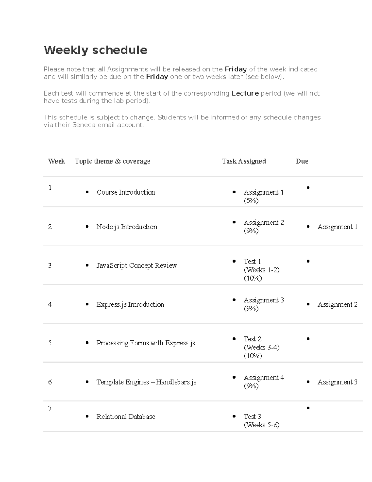 Shedule WEB 322 - Weekly schedule Please note that all Assignments will ...