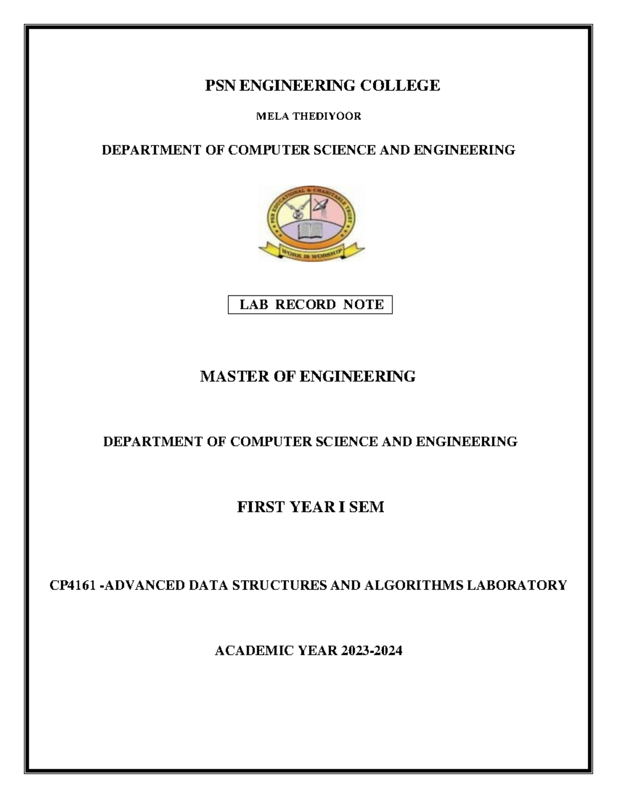 CP4161 ADS LAB - LAB MANUL - LAB RECORD NOTE PSN ENGINEERING COLLEGE ...