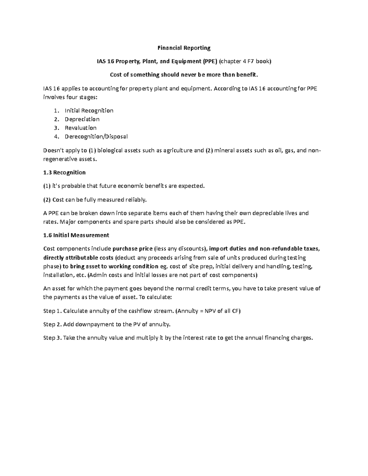 FR notes - Financial Reporting IAS 16 Property, Plant, and Equipment ...