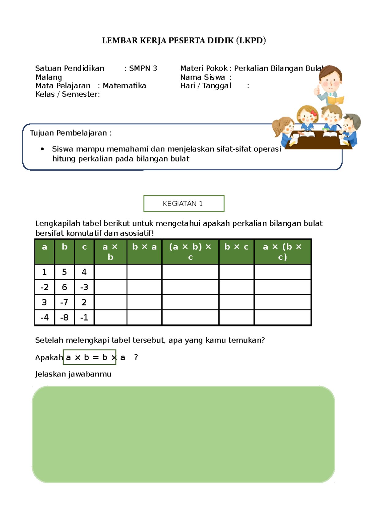 LKPD Sifat Perkalian Bilangan Bulat - LEMBAR KERJA PESERTA DIDIK (LKPD ...