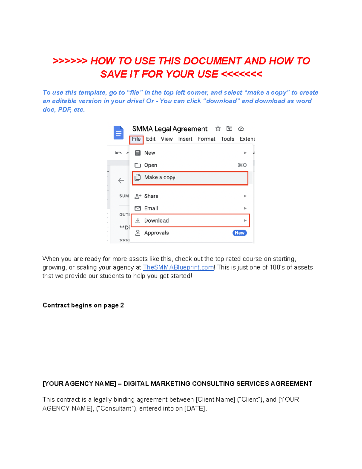 Copy of SMMA Legal Agreement (template) - >>>>>> HOW TO USE THIS ...