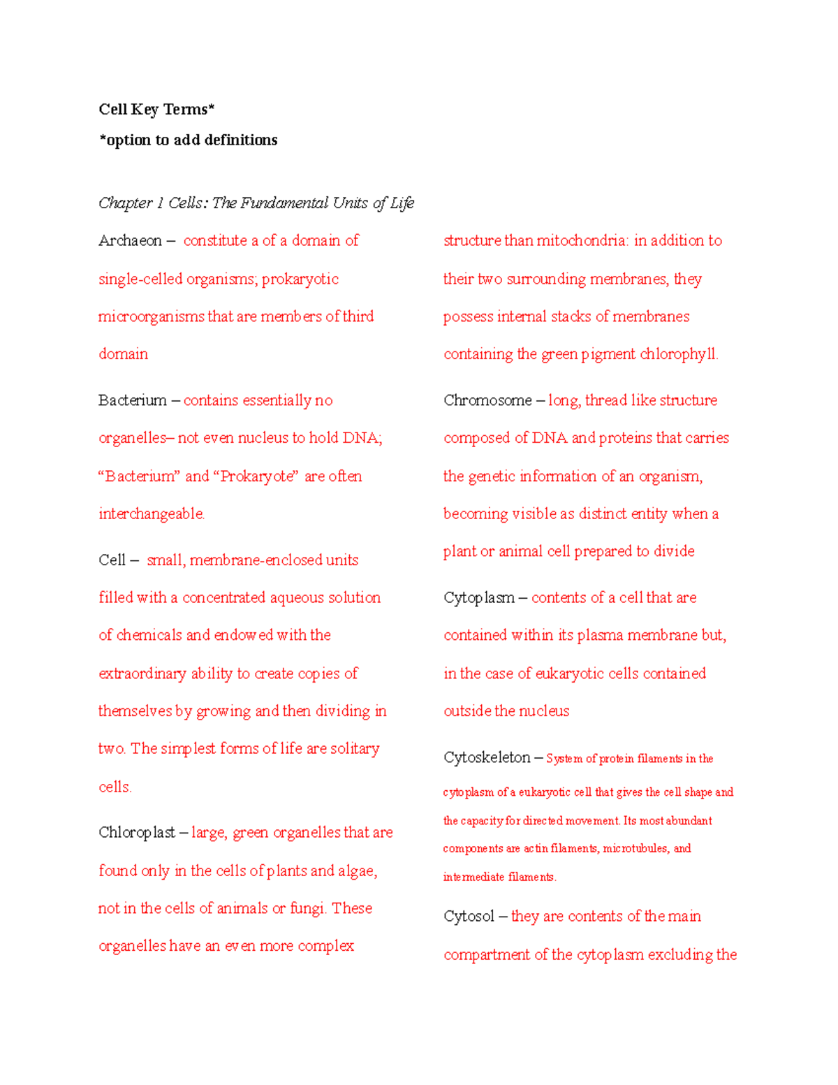Cell Key Terms - Cell Key Terms* *option to add definitions Chapter 1 ...