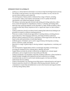 Introduction TO Literacy Notes 1 - INTRODUCTION TO LITERACY Literacy is ...