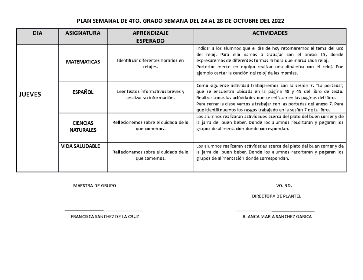 PLAN Semanal DE 4TO - CIENCIAS - PLAN SEMANAL DE 4TO. GRADO SEMANA DEL ...
