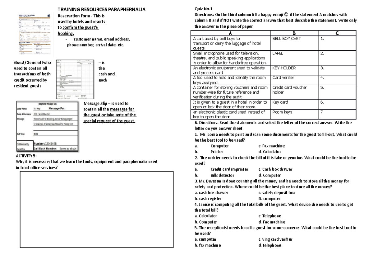 7- Worksheet- Tools, Equipment IN FOS - TRAINING RESOURCES ...