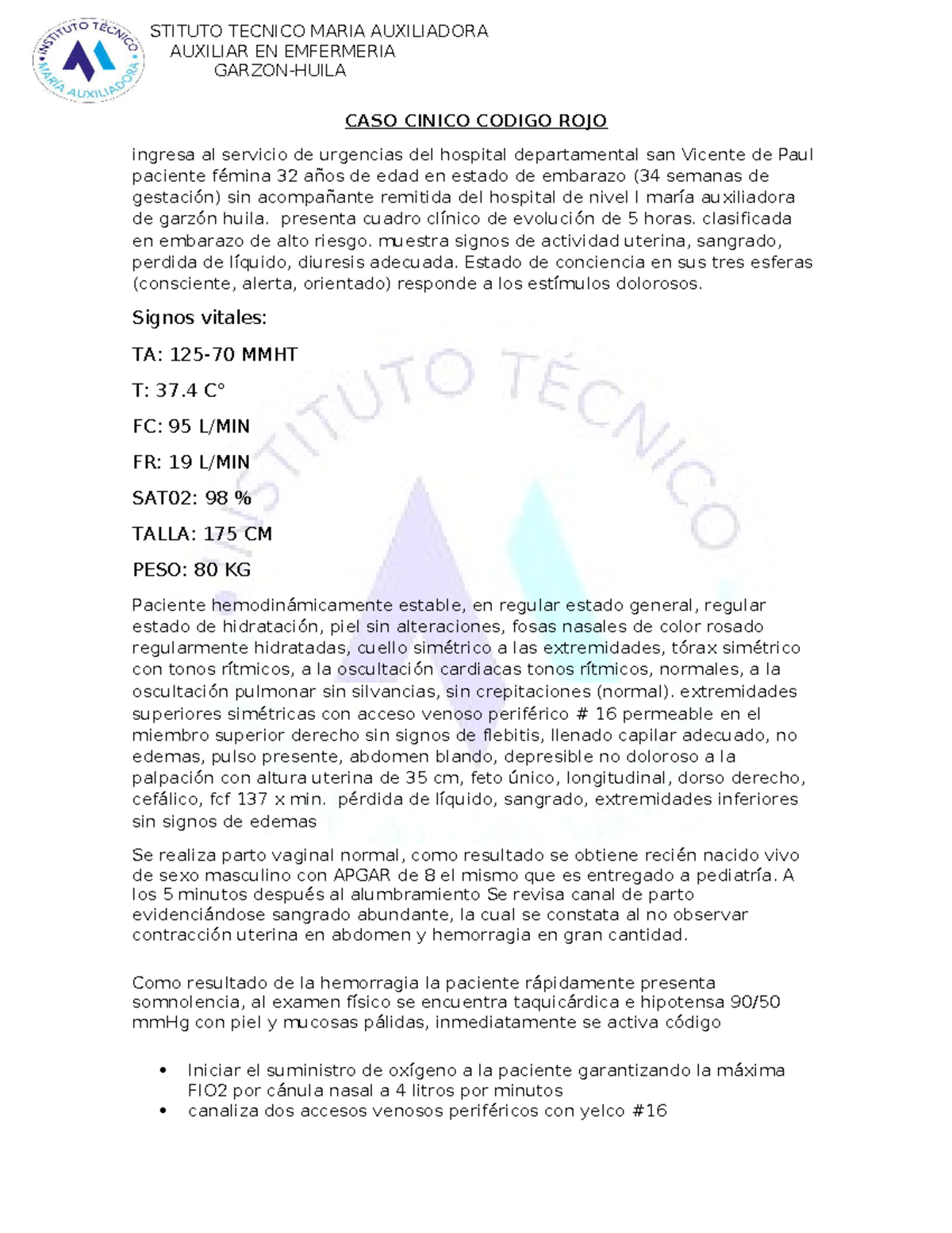 CASO Cinico Codigo ROJO - INSTITUTO TECNICO MARIA AUXILIADORA AUXILIAR EN EMFERMERIA GARZON ...