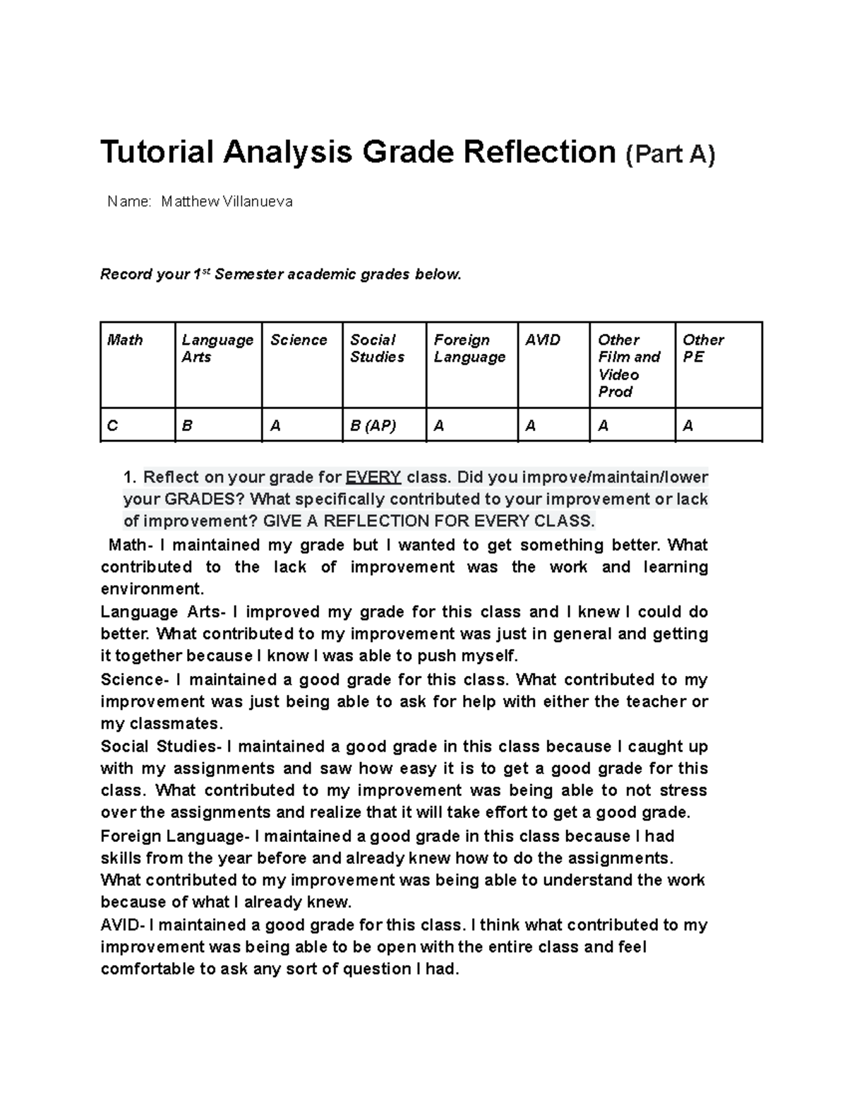 Matthew Villanueva - Tutorial Analysis Grade Reflection - 2608230 ...