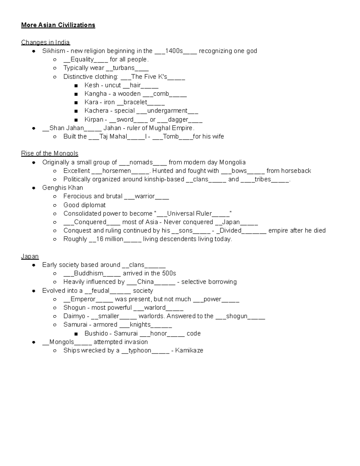0.9 More Asian Civilizations Notes - More Asian Civilizations Changes ...
