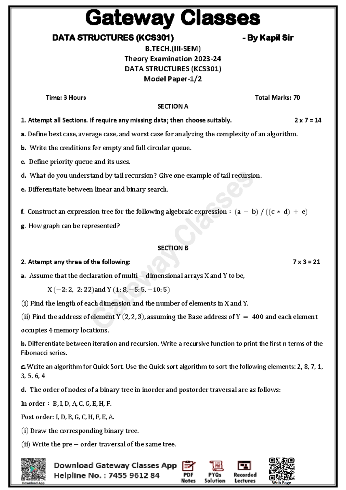 Ds model paper(two) - DATA STRUCTURES (KCS30 1 ) - By Kapil Sir B.(III ...