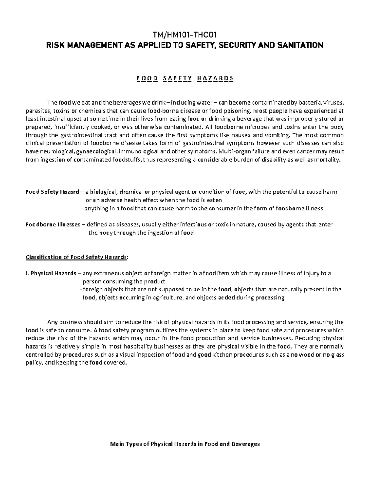 Food Safety Hazard - Guide for the midterm exam. - TM/HM101-THCO RISK ...