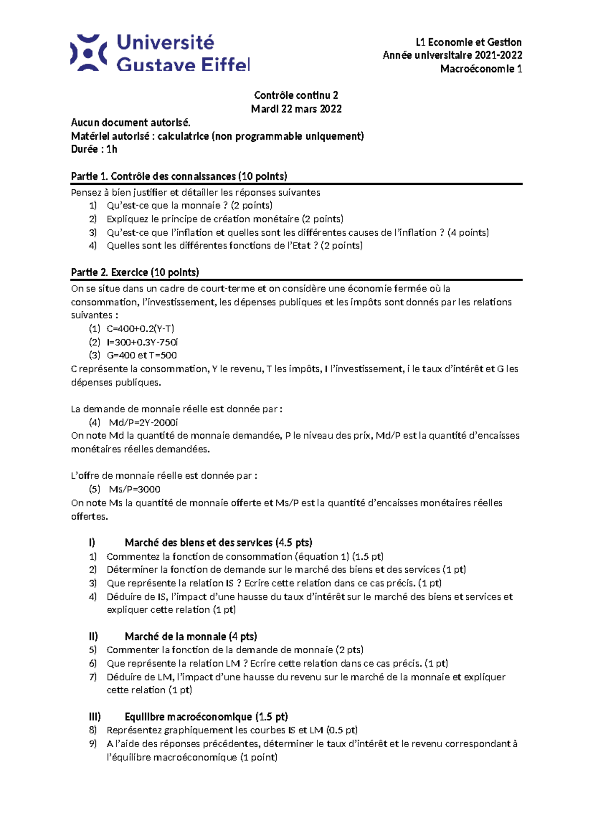 Sujet CC 2 énoncé - L1 Economie et Gestion Année universitaire 2021- Macroéconomie 1 Contrôle ...
