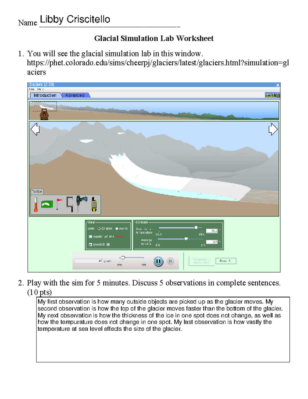 Glacial Sim LAB wednesday assignment - Name ___________________________________ Glacial ...